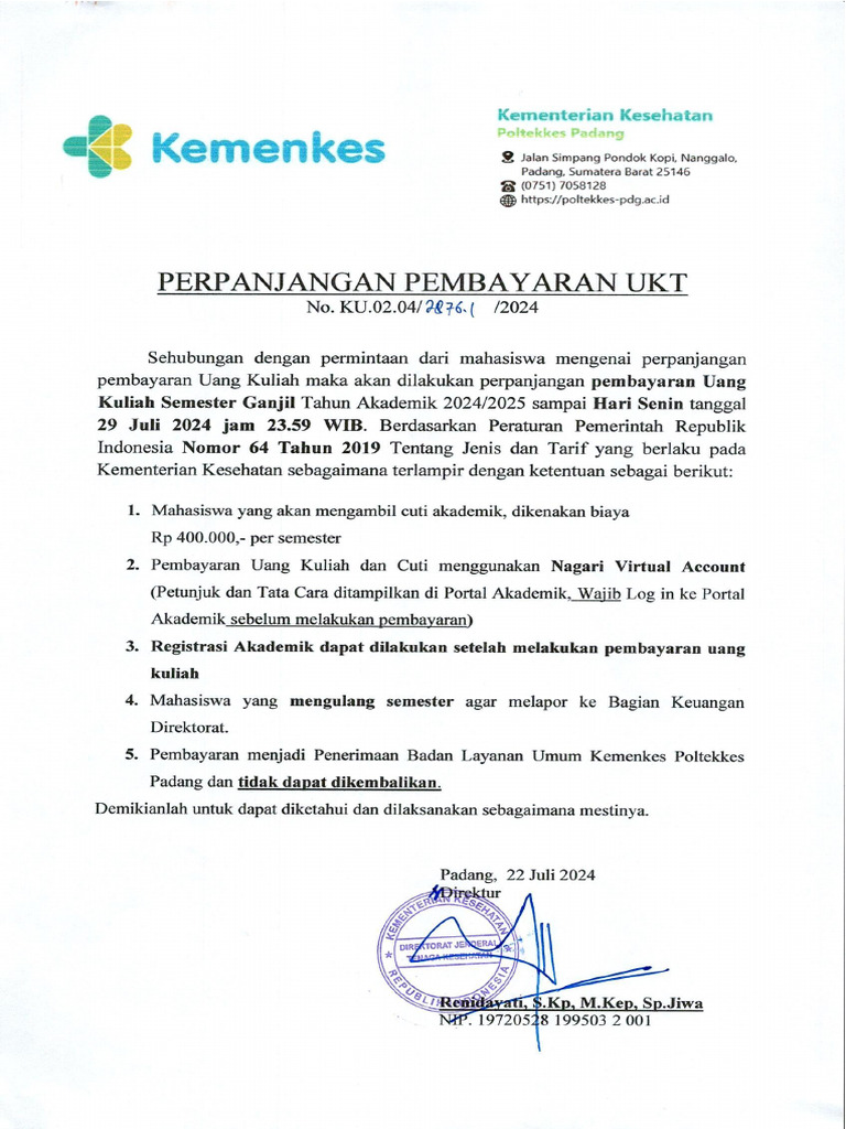 Perpanjangan Pembayaran UKT | PDF