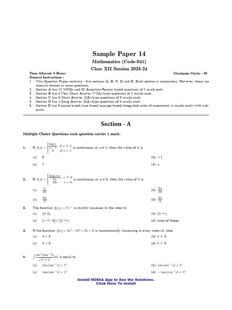CBSE Class 12 Math Sample Paper 14 | PDF | Profit (Economics) | Equations