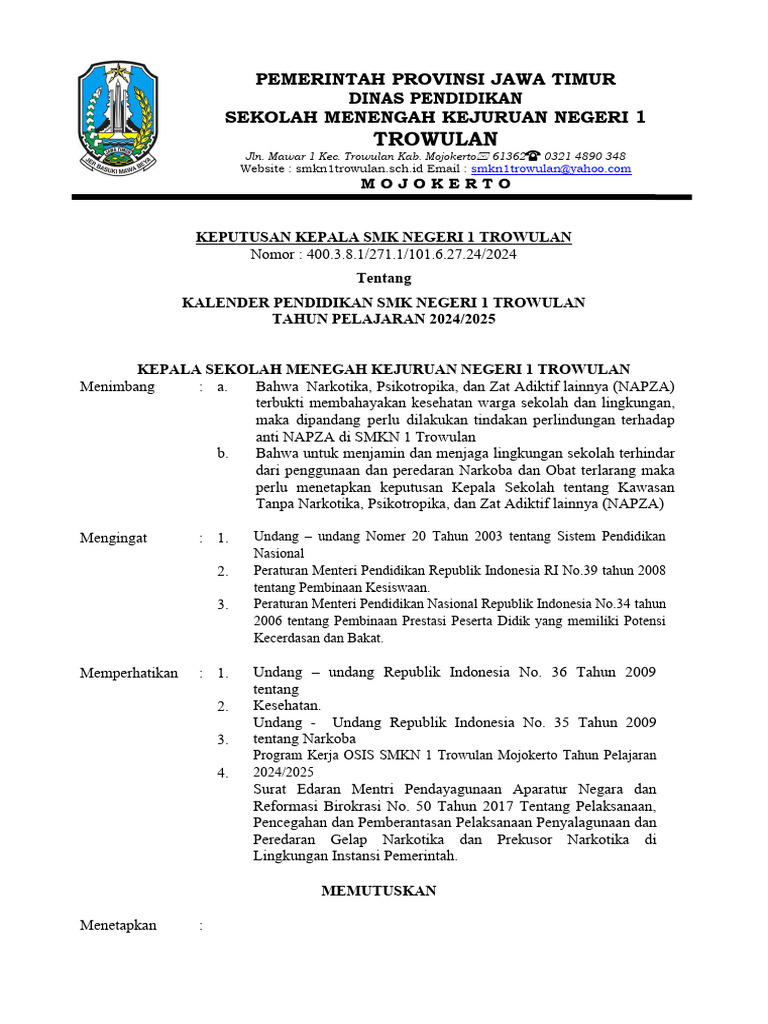 SK NAPZA SMKN 1 TROWULAN TAPEL 2024-2025 Edit | PDF