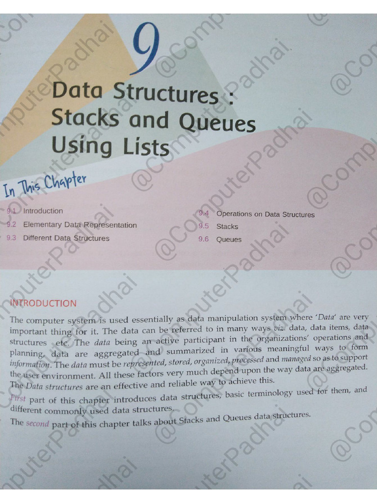 Class_12_CS_Ch_9_Data_structures_Stacks_and_Queues_using_Lists | PDF Class_12_CS_Ch_9_Data_structures_Stacks_and_Queues_using_Lists | PDF