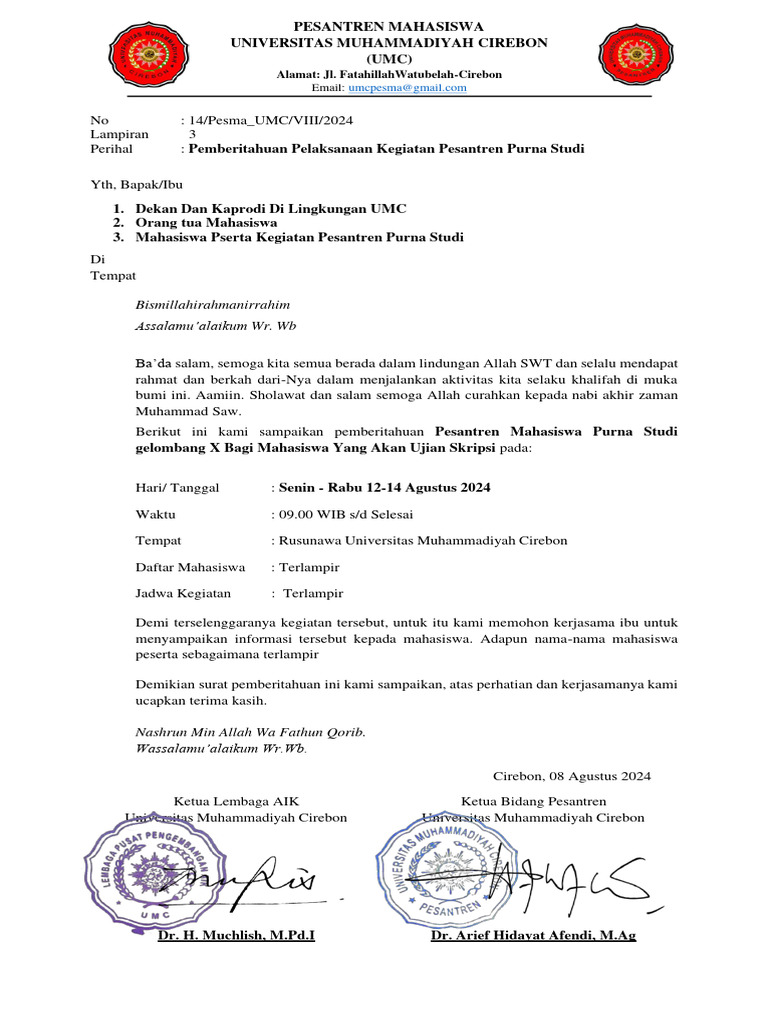 Pemberitahuan Pesantren Purna Studi UMC | PDF