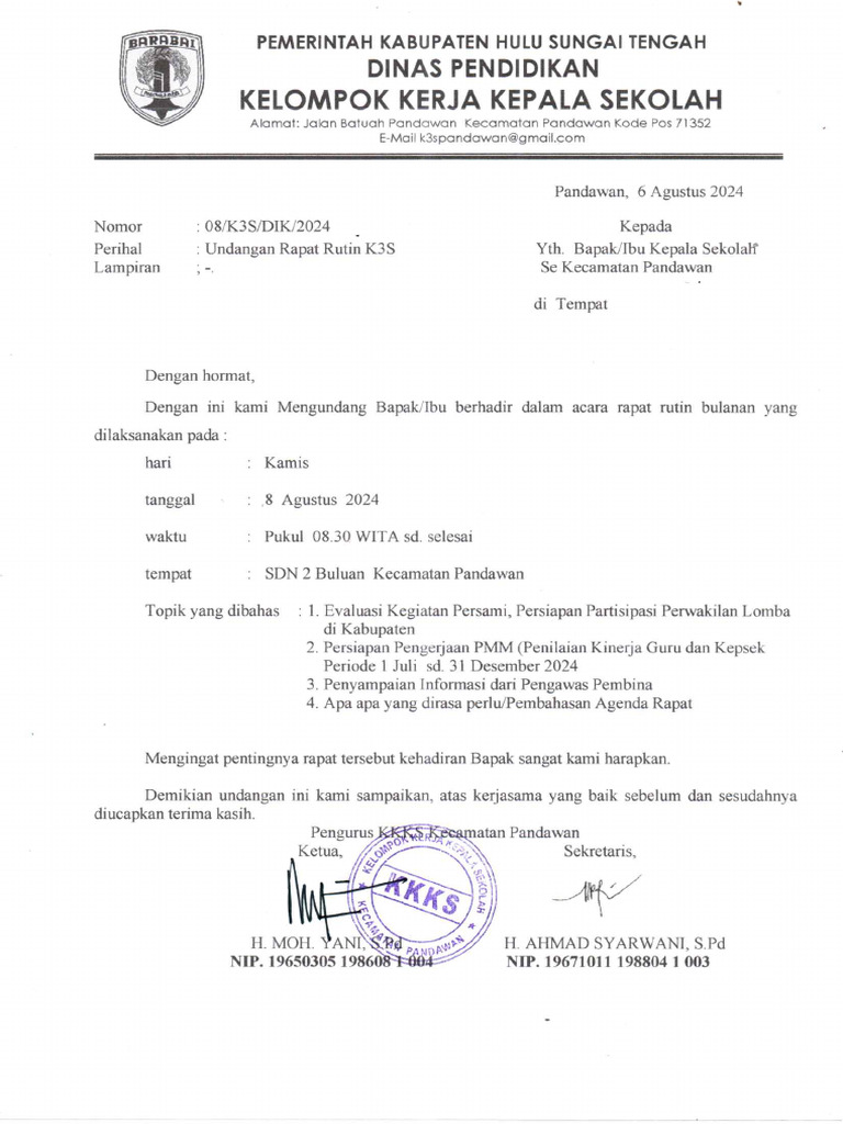 Undangan Rapat K3S Untuk Kepsek Agst 24 | PDF