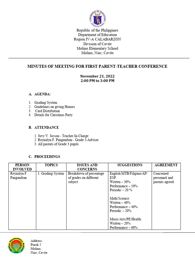 Molino Elementary Parent-Teacher Meeting Minutes | PDF
