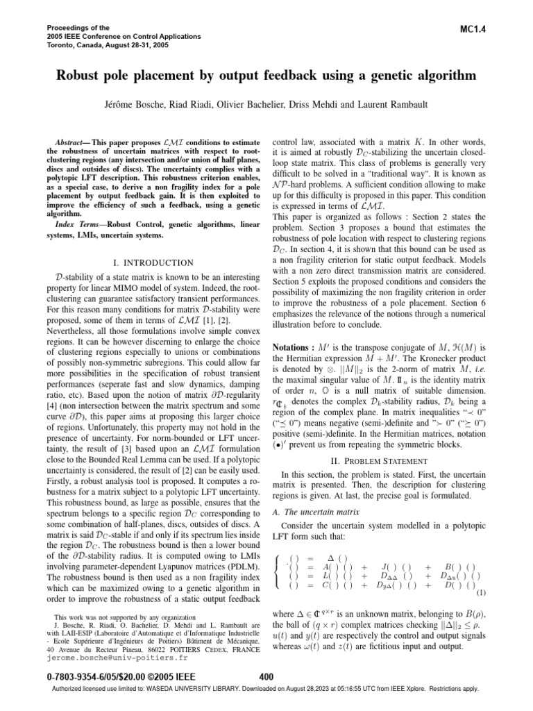 Robust Pole Placement by Output Feedback Using A Genetic Algorithm | PDF | Matrix (Mathematics ...