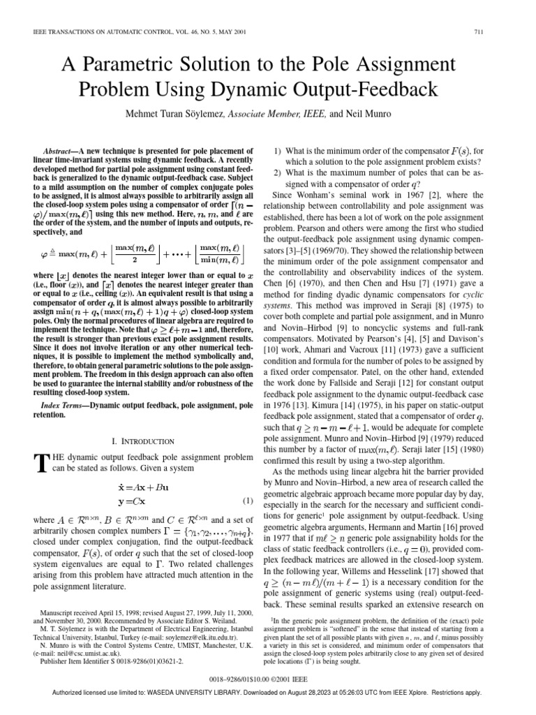 A Parametric Solution To The Pole Assignment Problem Using Dynamic Output Feedback Pdf