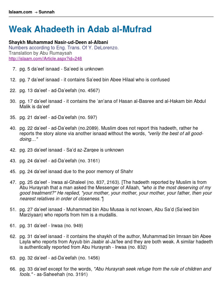 Weak Ahadeeth in Adab Al Mufrad | PDF | Hadith | Muhammad