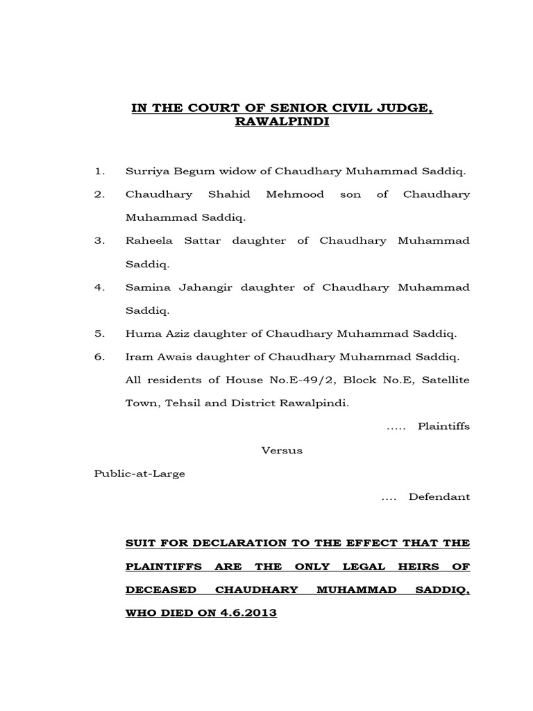 Suit For Declaration Legal Heirs Surriya Begum | PDF | Lawsuit | Justice