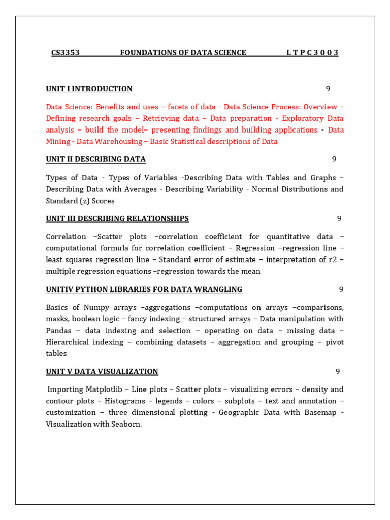 Cs3353-Fds All 5units | PDF | Data Warehouse | Data Analysis
