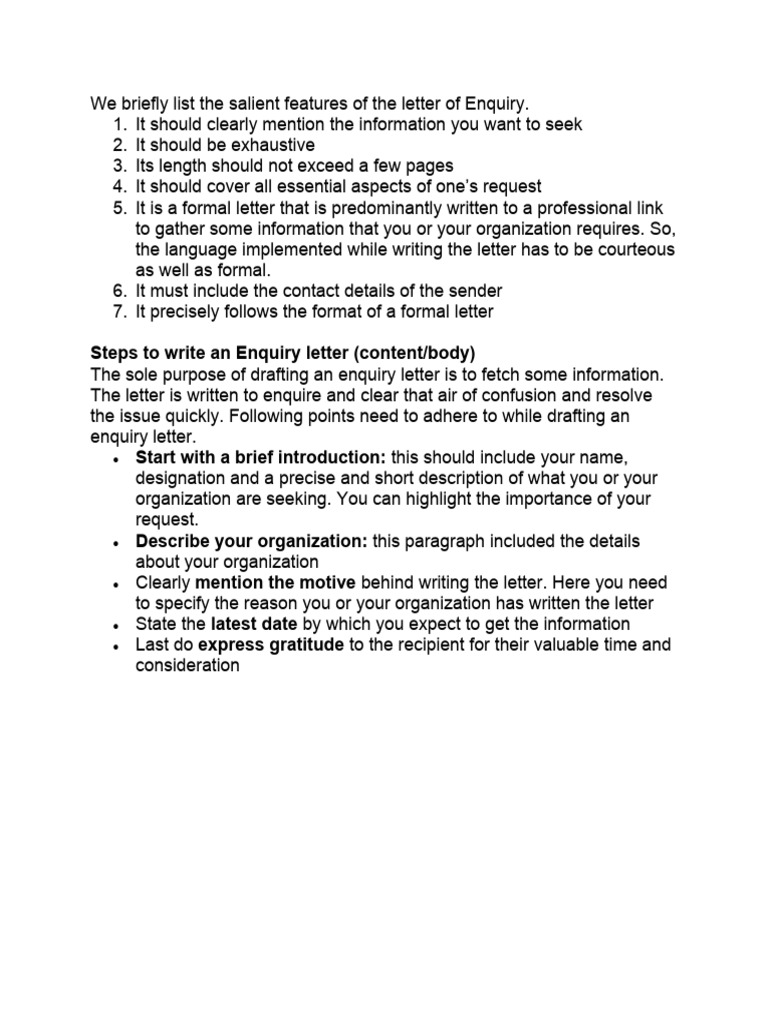 Formal Enquiry Letter Guide | PDF | Communication | Human Communication