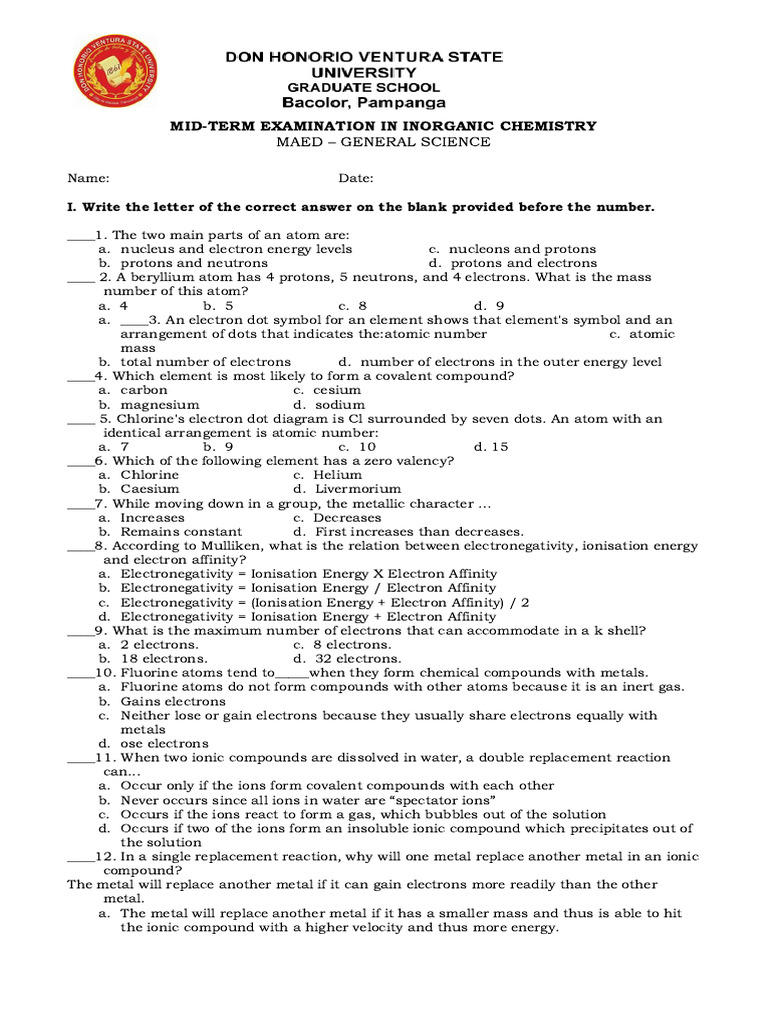 Inorganic Chemistry Midterm Exam | PDF | Chemical Compounds | Chemical ...