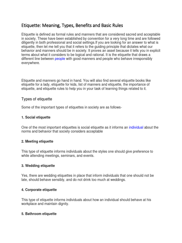 Etiquette: Meaning, Types, Benefits and Basic Rules | PDF | Etiquette ...