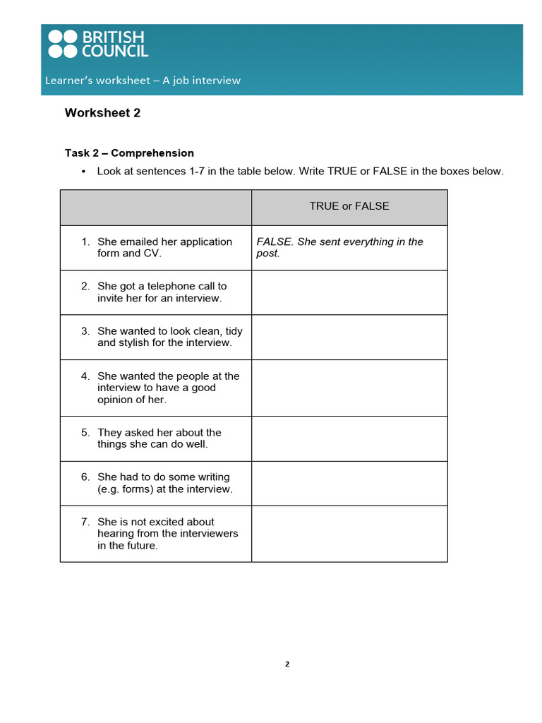 Job Interview Comprehension Worksheet | PDF