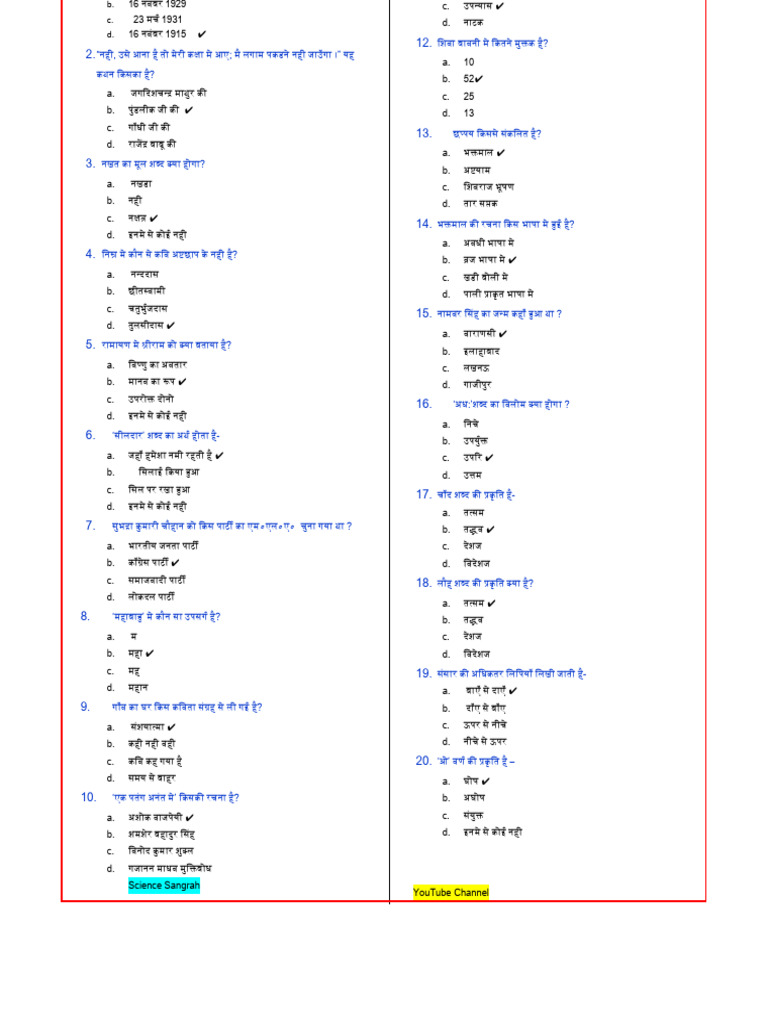 12th Hindi Vvi Objective Set 1 | PDF