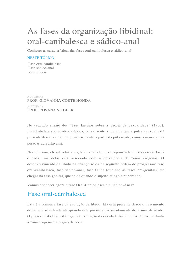 AAPA as Fases Da Organização Libidinal Oral-canibalesca e Sádico-Anal ...