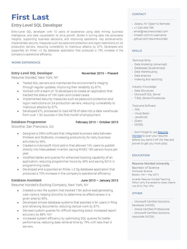 Entry-Level-Sql-Developer - Template 10 | PDF | Databases | Sql