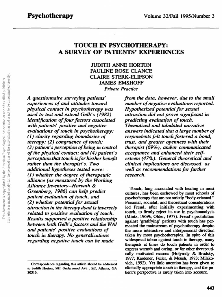 1995 - Horten - Touch in Psychotherapy | PDF | Psychotherapy | Psychoanalysis