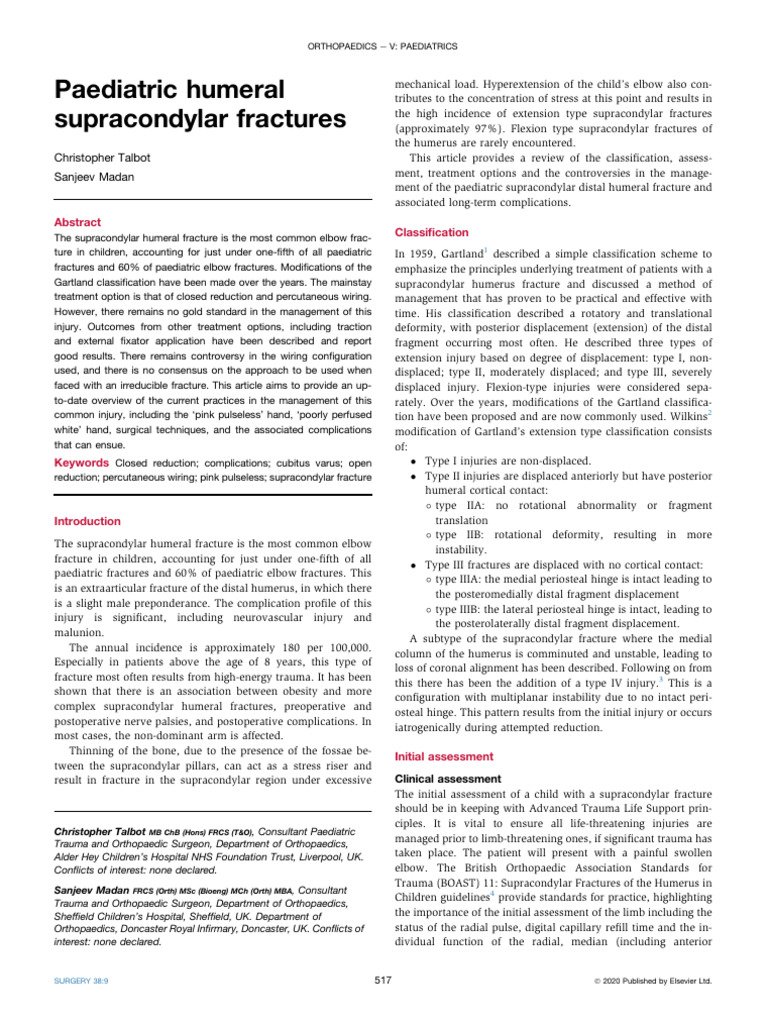 Paediatric Humeral Supracondylar Fractures | PDF | Elbow ...