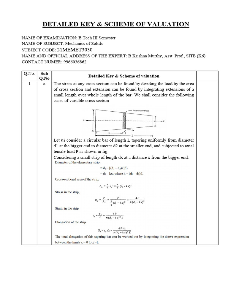 B.Tech Mechanics of Solids Valuation Key | PDF | Deformation ...