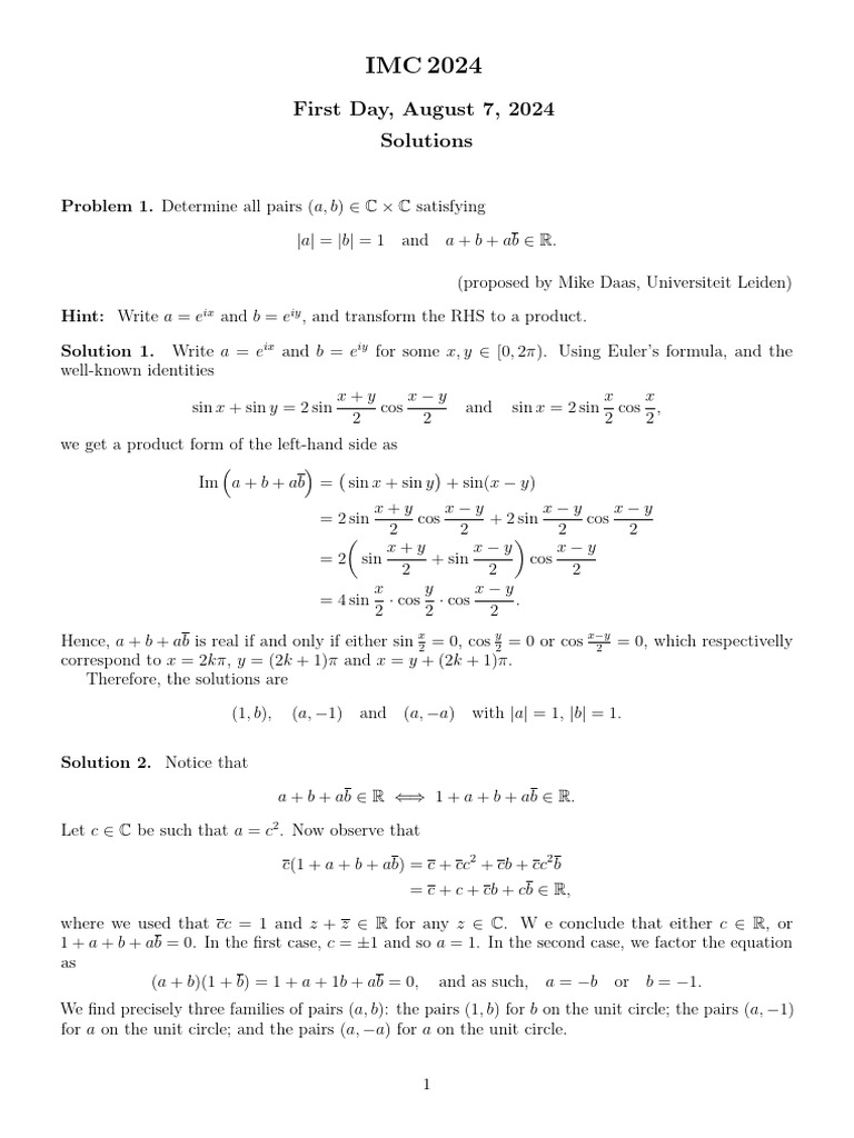 Imc2024 Day1 Solutions | PDF | Logarithm | Matrix (Mathematics)
