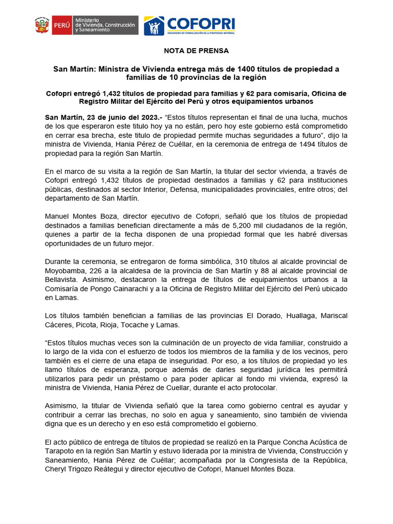 NP Ministra de Vivienda Entrega Mã¡s de 1400 Tã - Tulos de Propiedad A ...