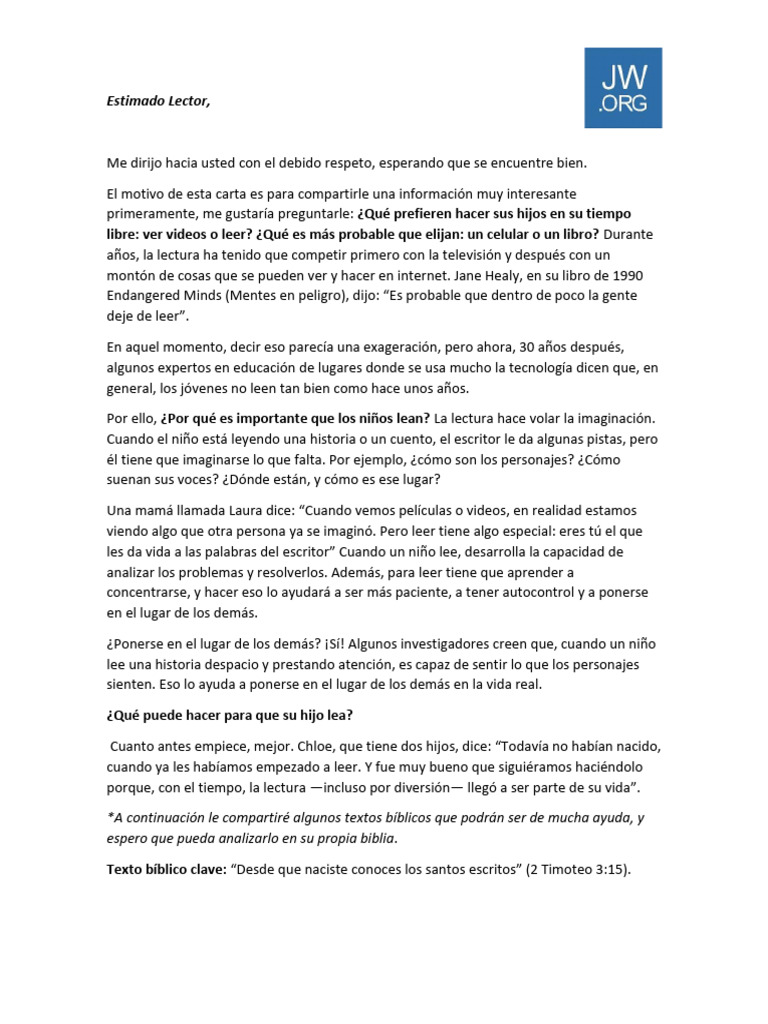 Importancia de la Lectura Infantil | PDF | Biblia