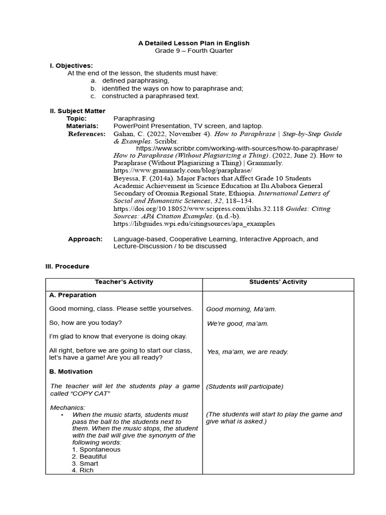 Detailed Lesson Plan in English 10 Paraphrase Edited | PDF | Plagiarism ...