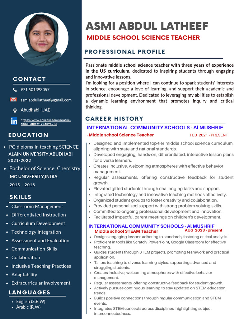 Asmi Abdul Latheef Science Teacher Resume | PDF | Science Education ...