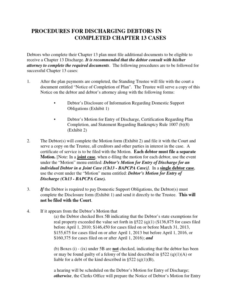 CH 13 Discharge Procedures For Website Revised November 2016 | PDF ...