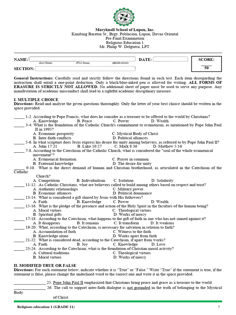 Pre Final Examination REED 1 | PDF | Catholic Church | Faith