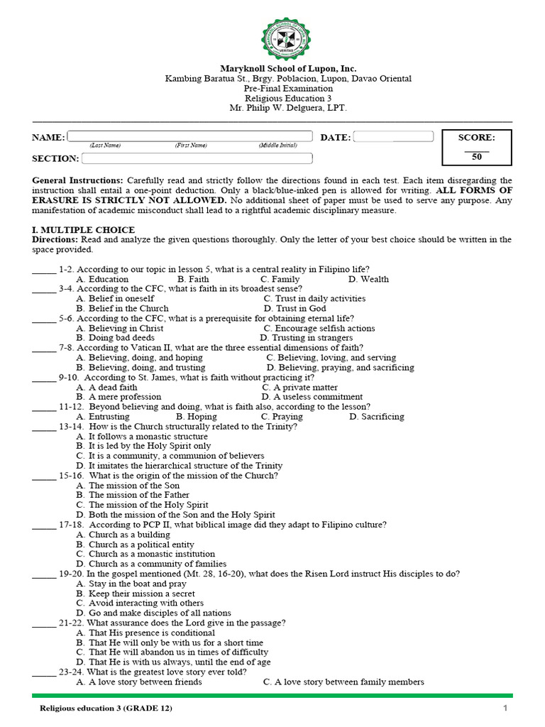 Pre Final Examination REED 3 | PDF | Faith | Trinity