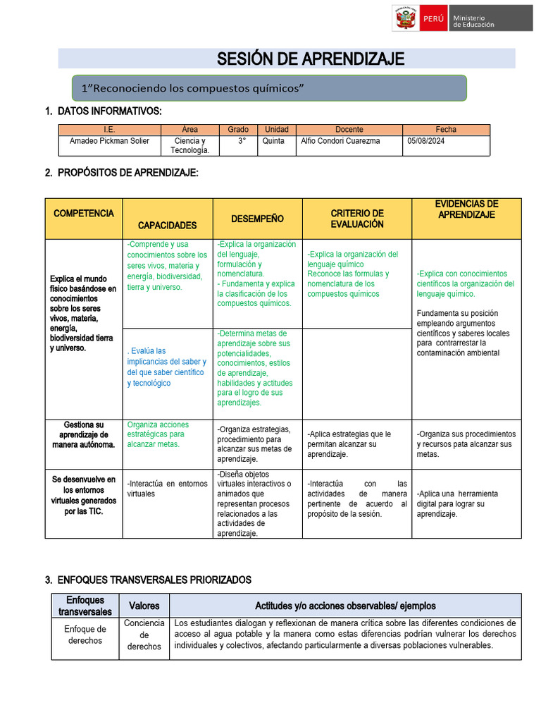 SESION COMP. QUIMICOS 3 CYT | PDF | Aprendizaje | Evaluación