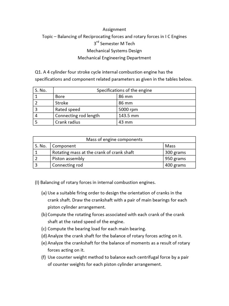Assignment - Topic Balancing of Reciprocating Forces and Rotary Forces in I C Engines - 3rd ...
