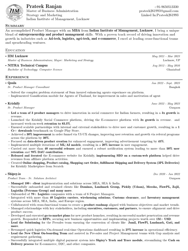Prateek Ranjan CV - 10th Sept. | PDF | E Commerce | Logistics