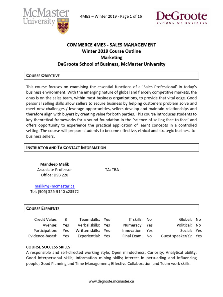 (McMaster University) Sales Management (2019) | PDF | Sales | Academic ...