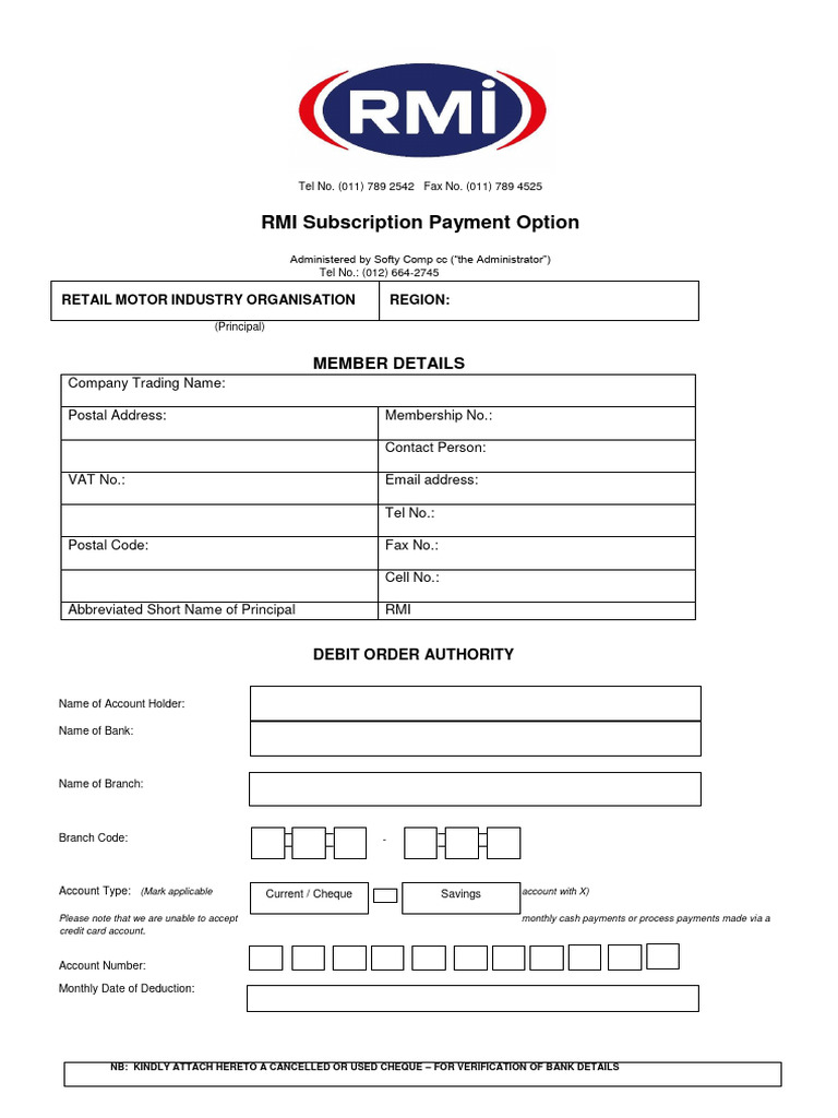 Debit Order Application Form RMI - Final 2020 Softy Comp | PDF | Cheque ...