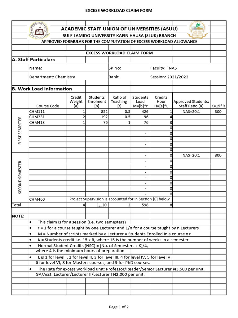 Excess Workload Template-1 | PDF | Lecturer | Academia