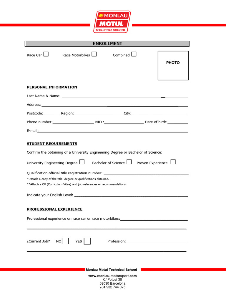 Motorsport Engineering Enrollment Form | PDF