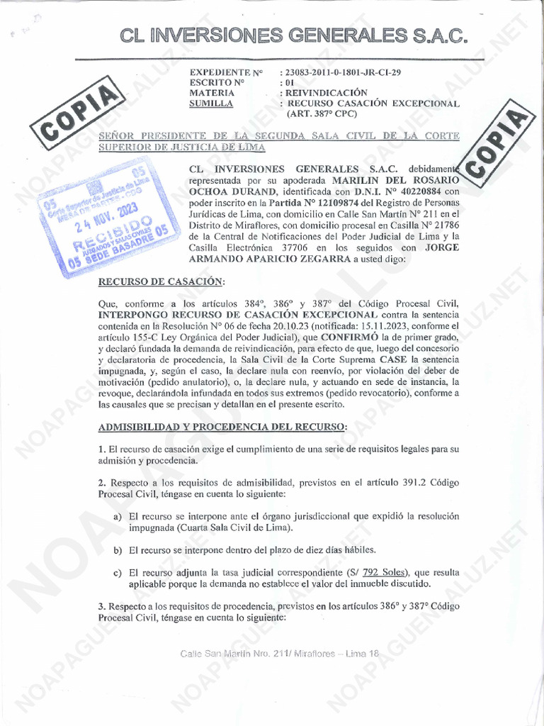 (OCR) Código 28206-2023. Fecha de Ingreso 24 NOV 2023. Exp. N.° 23083 ...