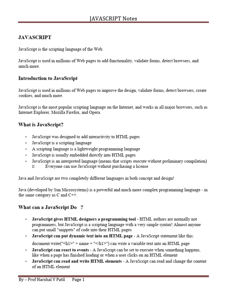 Js Notes Pdf Java Script Html
