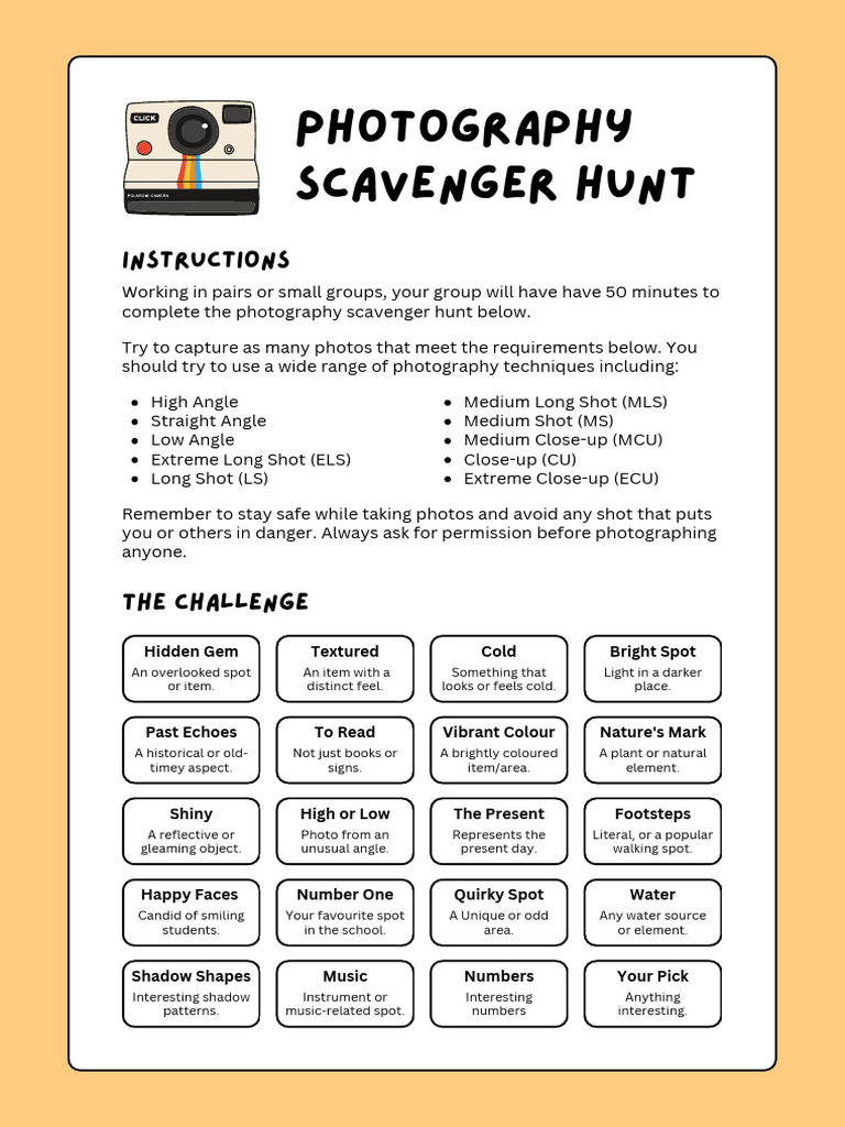 Photography Scavenger Hunt Digital Worksheet in Orange, Black and White ...
