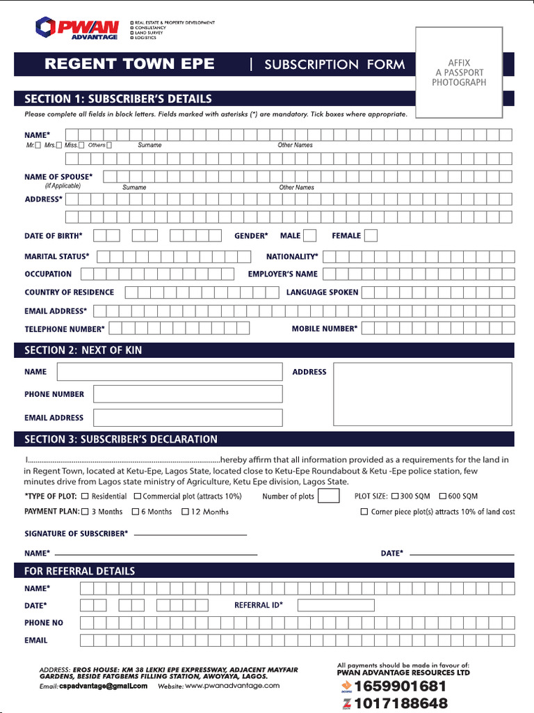 Pwan Regent Town Epe Sub Form 1 Updated | PDF | Payments | Private Law
