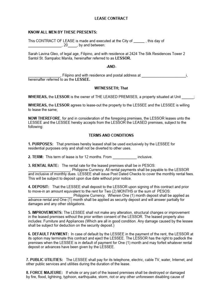 LEASE CONTRACT of Condo Unit | PDF | Lease | Renting