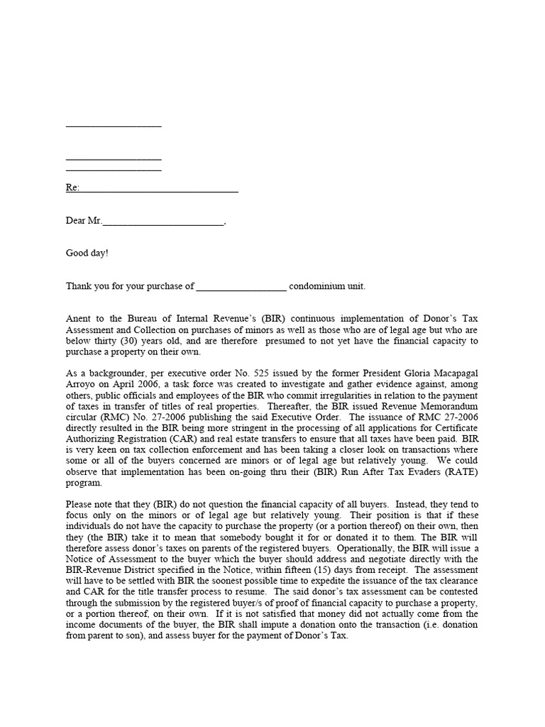 Donor's Tax Letter For Property Buying | PDF | Taxes | Taxation
