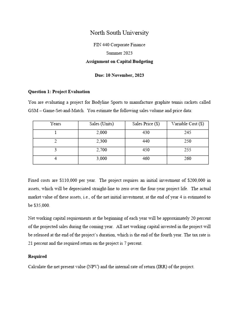 FIN 440 Summer 2023 Capital Budgeting Assignment | PDF | Net Present Value | Depreciation