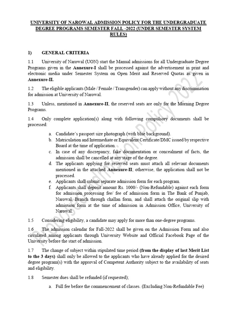 Admission Policy BS Programs 2022 Final | PDF | University And College ...