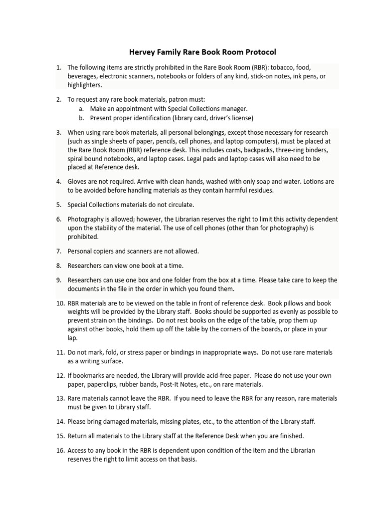 Rare Book Room Protocols | PDF | Notebook | Books