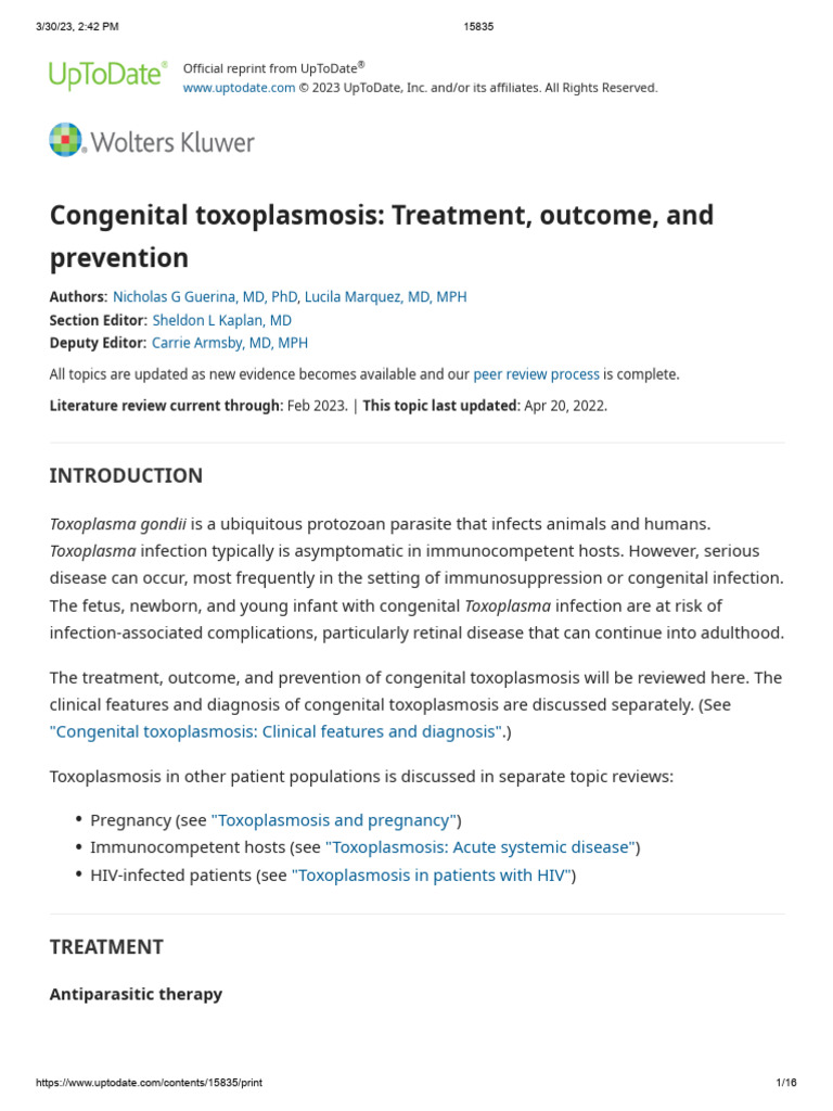 Uptodate Congenital Toxo Outcome | PDF | Medicine | Medical Specialties