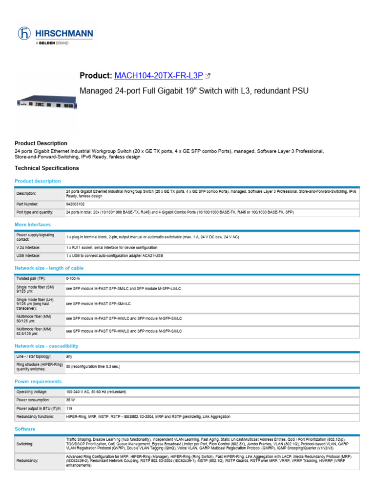 MACH104 20TX FR L3P - Techdata | PDF | Electromagnetic Compatibility | Network Switch