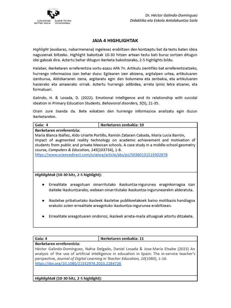 Gaien Ikerketen Highlightak Entregatzeko Txantiloia | PDF