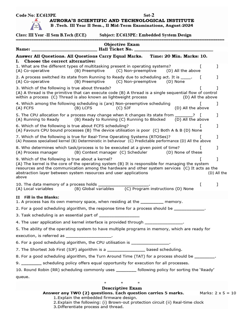 III-II Ece_esd Mid 2_set-2 | PDF | Scheduling (Computing) | Process (Computing)